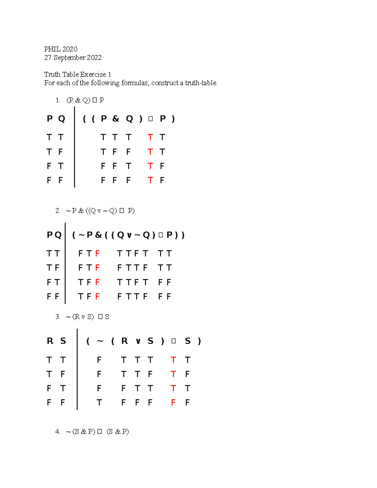 Truth Table Part 1 - PHIL 2020 27 September 2022 Truth Table Exercise 1 ...