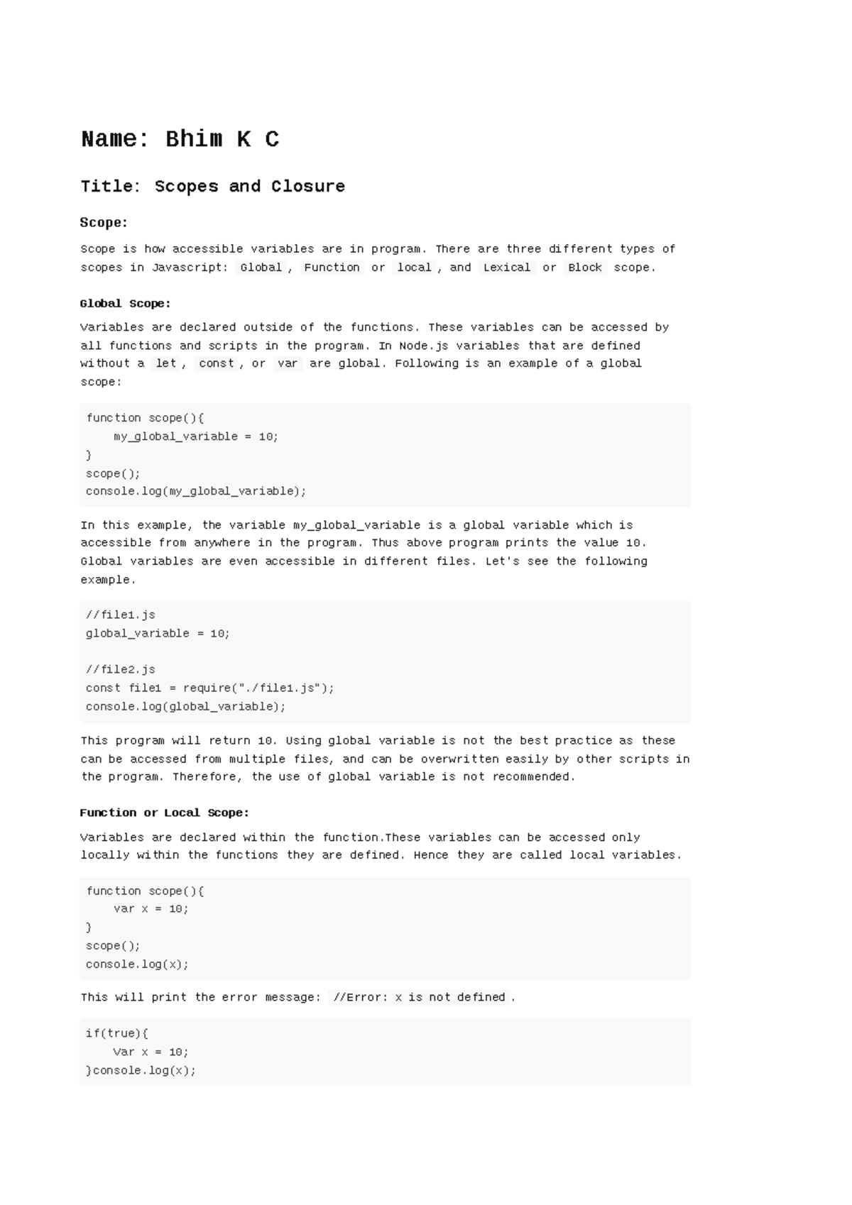 Bhim K C Scope & Closure - Name: Bhim K C Title: Scopes and Closure ...