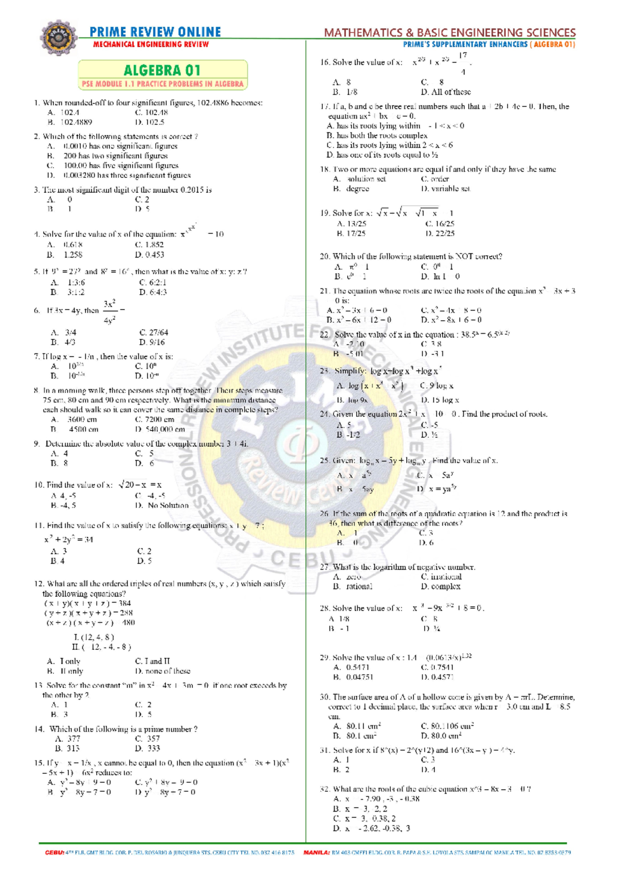 1.1 Algebra 01 Problems - Bachelor of Science in Mechanical Engineering ...