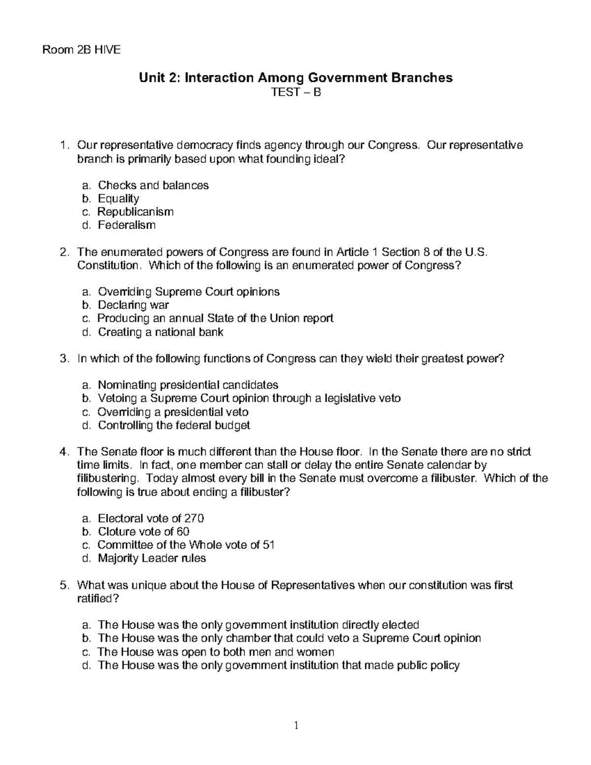 Hivetest 2 - unit 2 tets - Room 2B HIVE Unit 2: Interaction Among ...