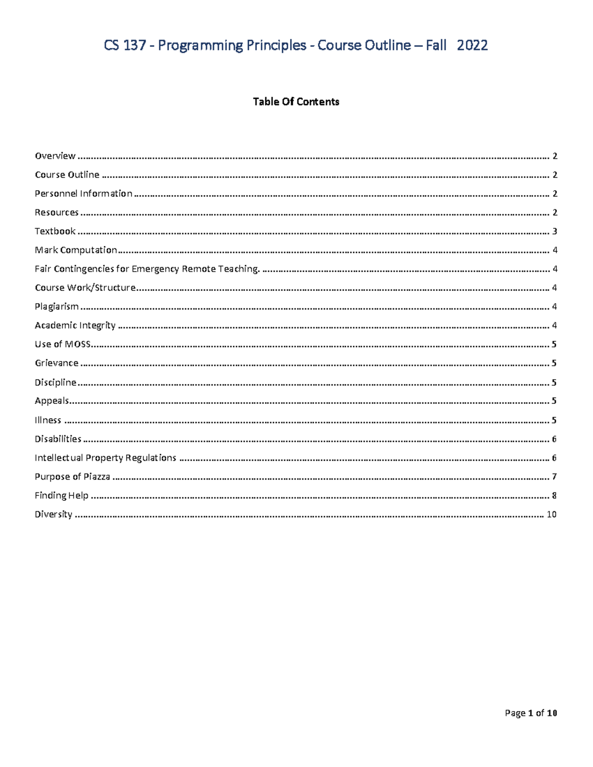 CS 137 Programming Principles Course Outline Fall 2022 - Studocu