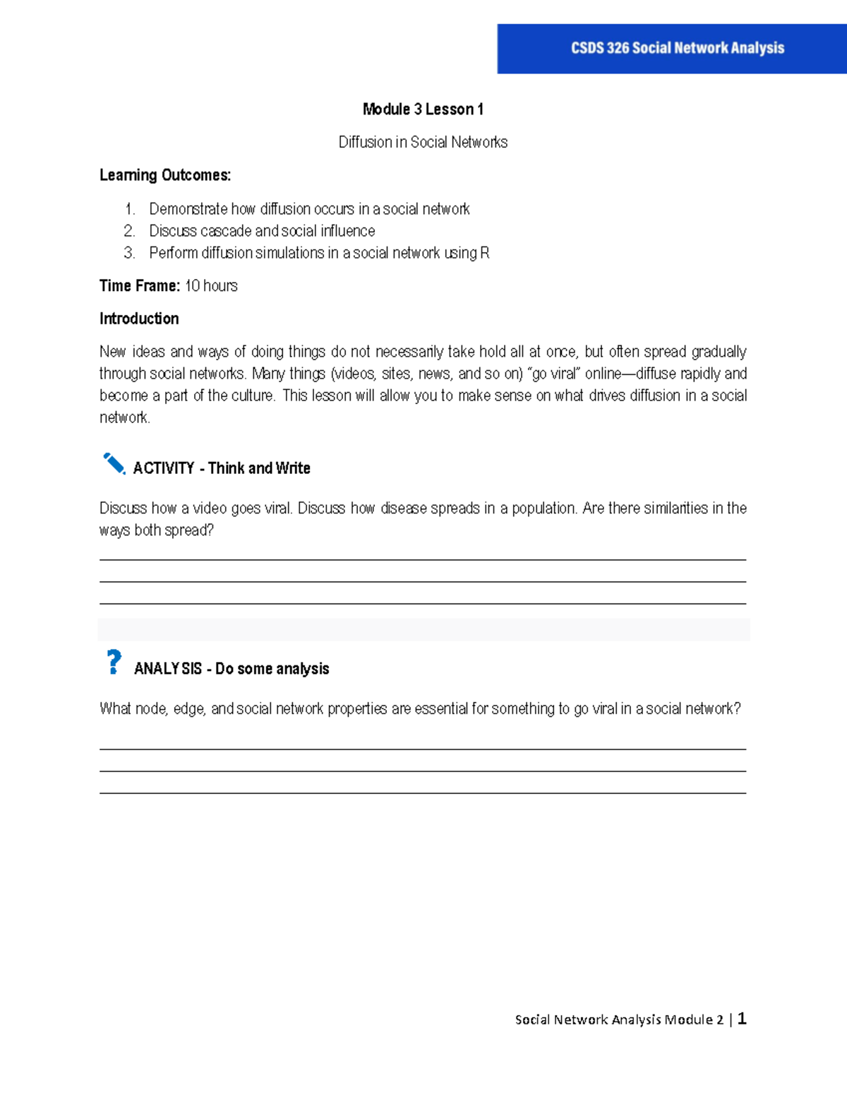 Module 3 Lesson 1 - Diffusion in Social Networks - Module 3 Lesson 1 ...