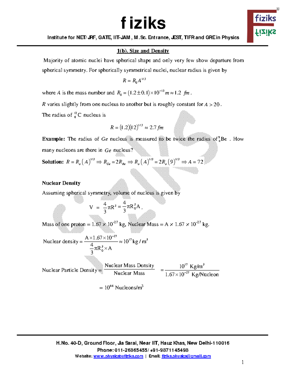 1b. Size and Density - f iziks Institute for NET/ JRF, GATE, IIT-JAM , M .Sc. Entrance, JEST ...