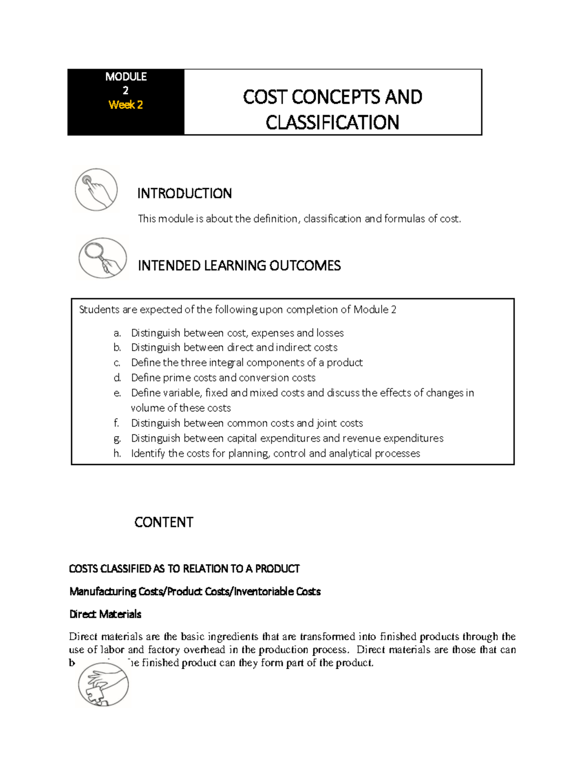 Module 2 - Cost Concepts and Application - MODULE 2 Week 2 COST CONCEPTS AND CLASSIFICATION ...