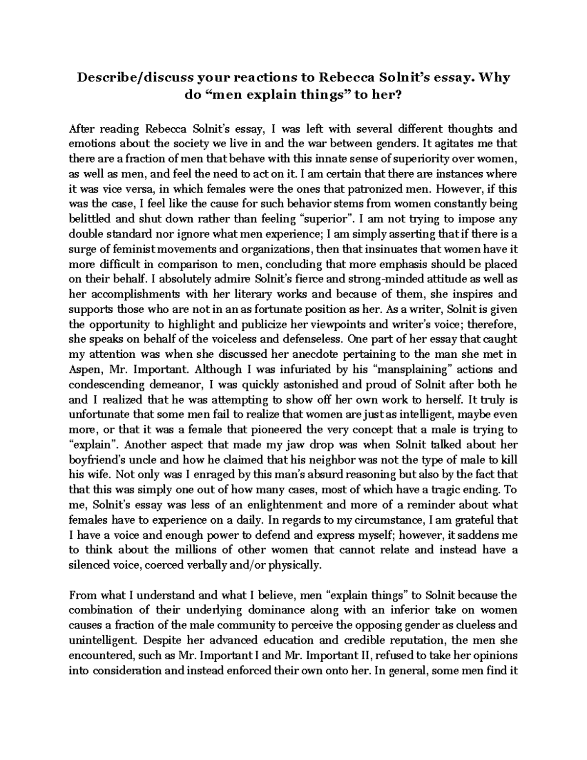Discussion #2 - Week 2 - Describe/discuss your reactions to Rebecca ...