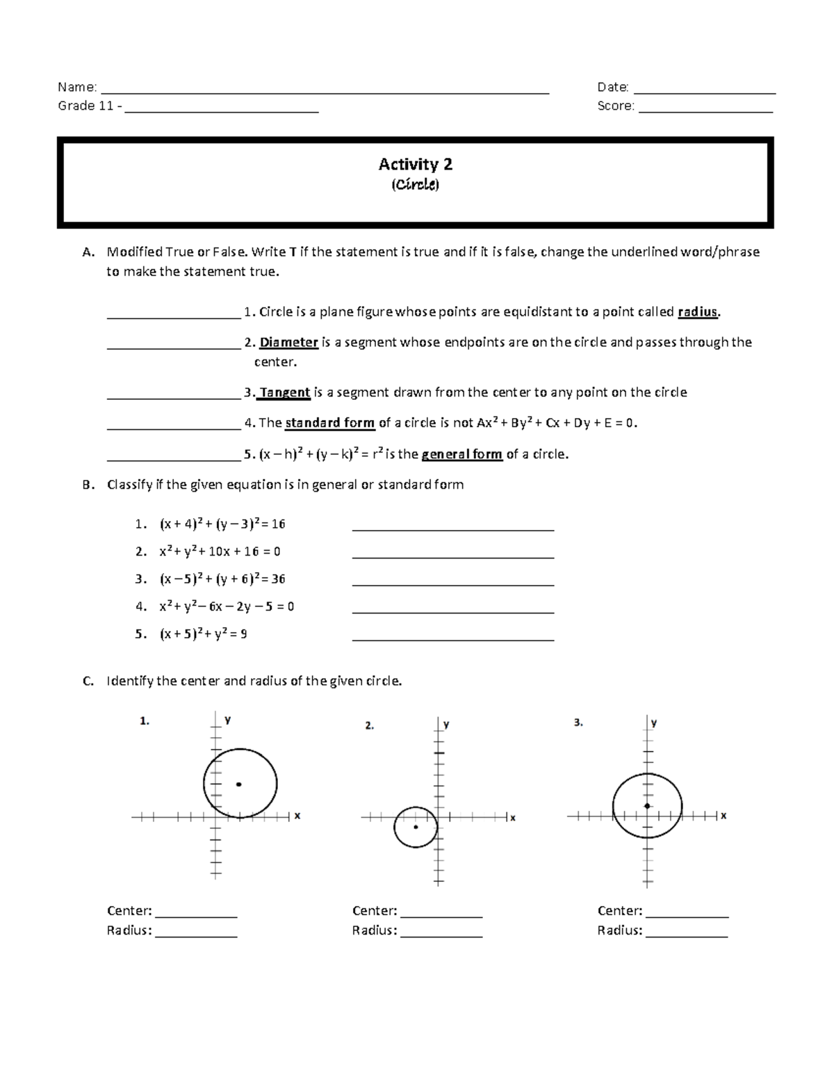 Precal Activity Sheet Circle - Name