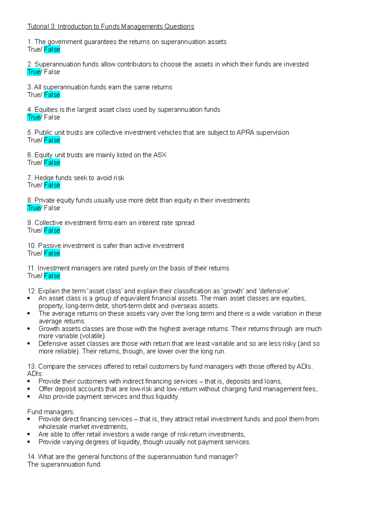 Tutorial 3 Questions - Tutorial 3: Introduction to Funds Managements ...
