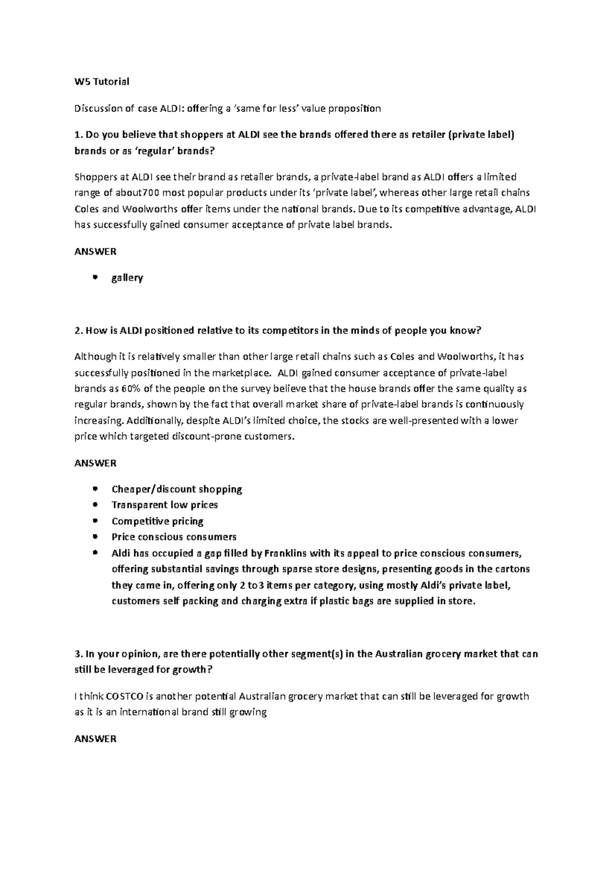 W5 Tutorial - Tute answers - W5 Tutorial Discussion of case ALDI ...