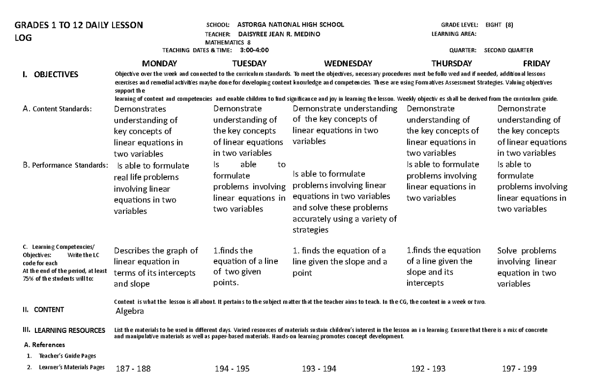 Scribfree - For Economics students - GRADES 1 TO 12 DAILY LESSON LOG I ...