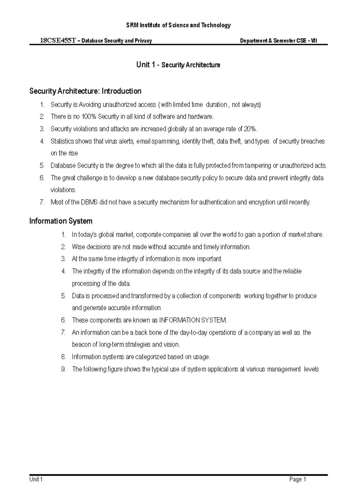 Unit 1 - SRM Institute of Science and Technology 18CSE455T – Database Security and Privacy - Studocu
