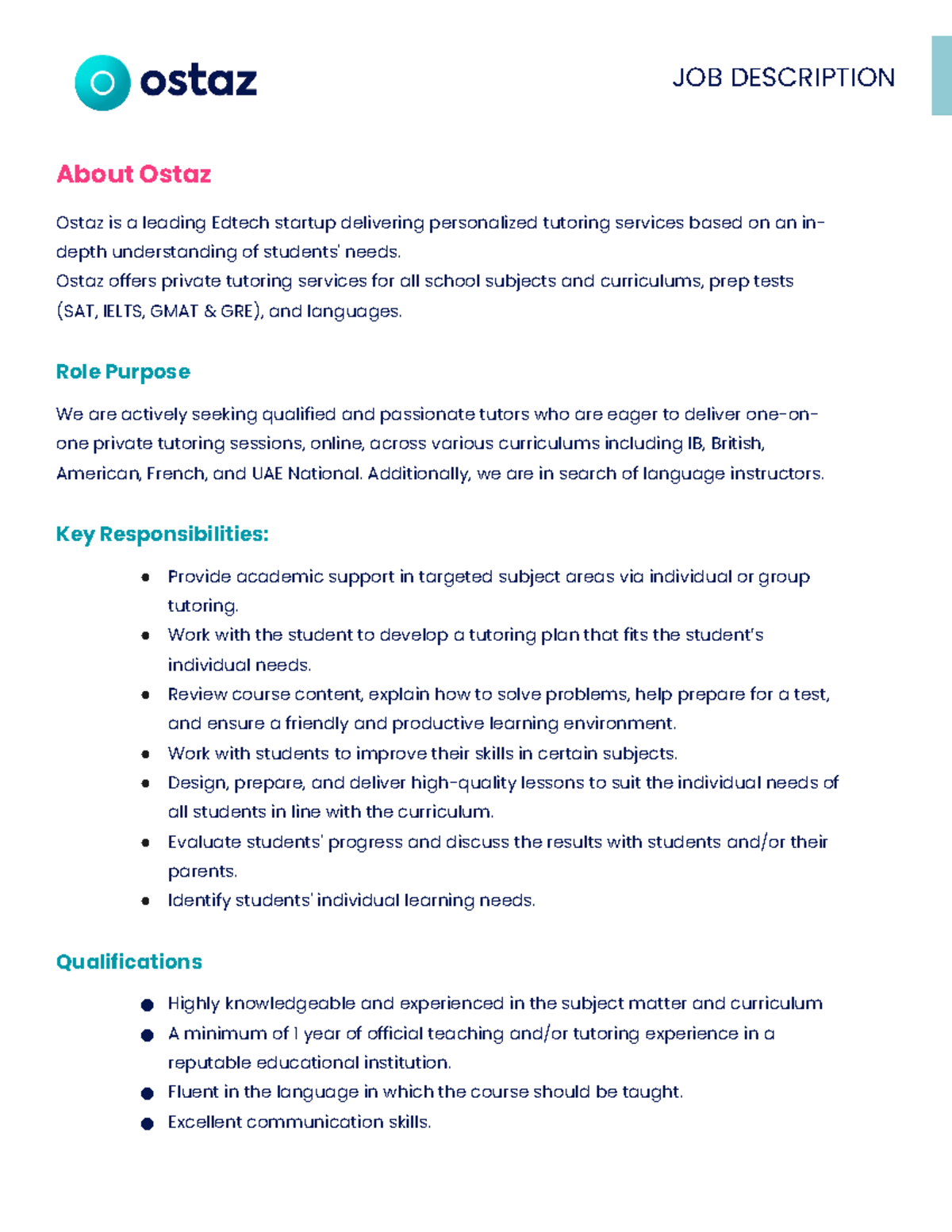 updated tutorial - JOB DESCRIPTION About Ostaz Ostaz is a leading ...