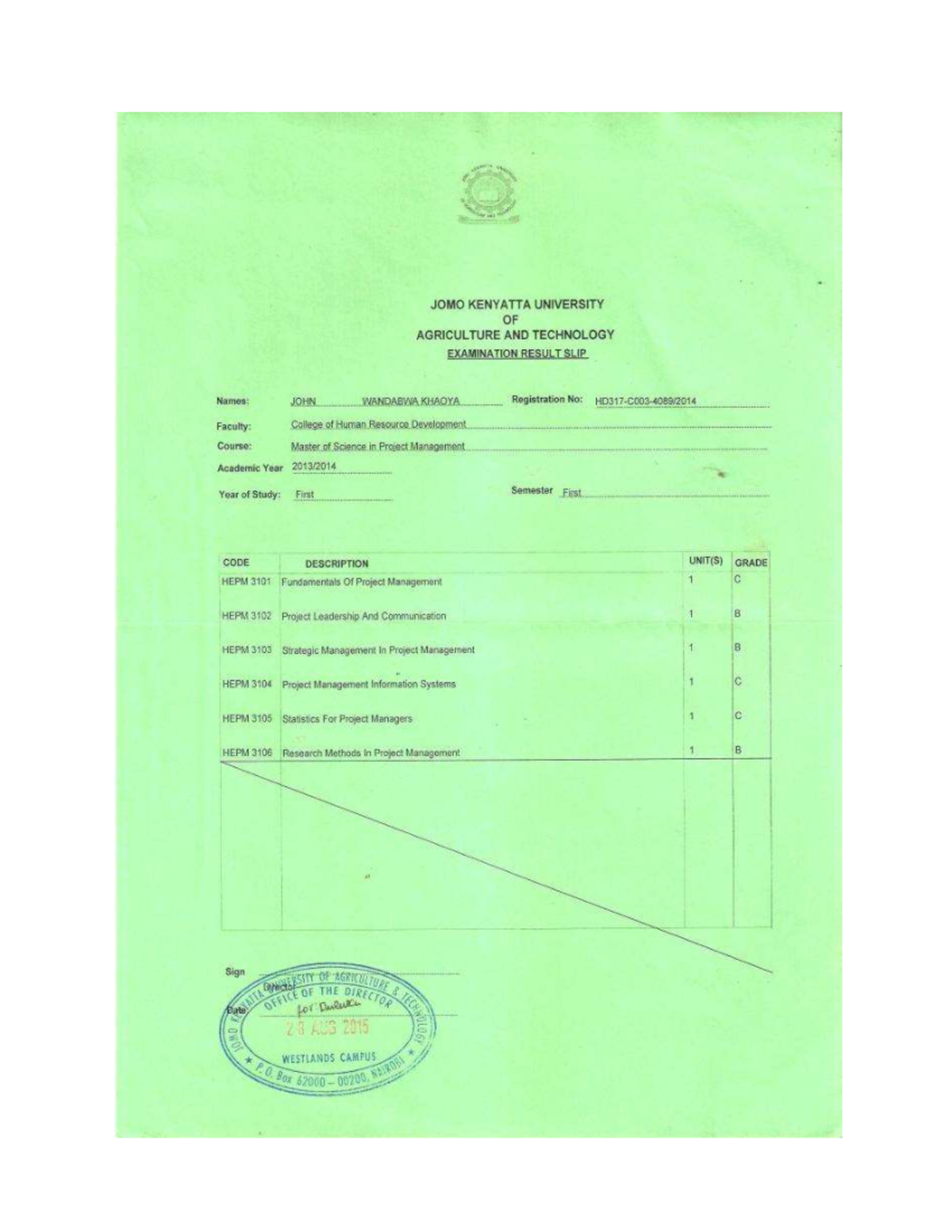 Academic Transcripts - BSc. Project Management - Studocu