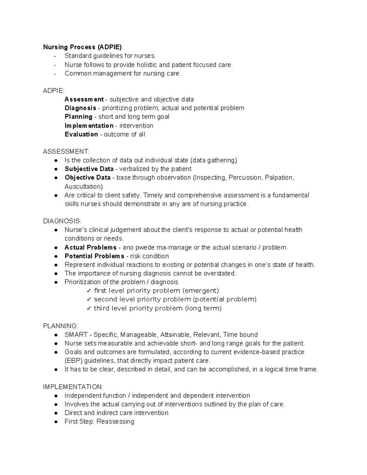 HA-LEC-Reviewer - REVIEWER - Nursing Process (ADPIE) - Standard ...