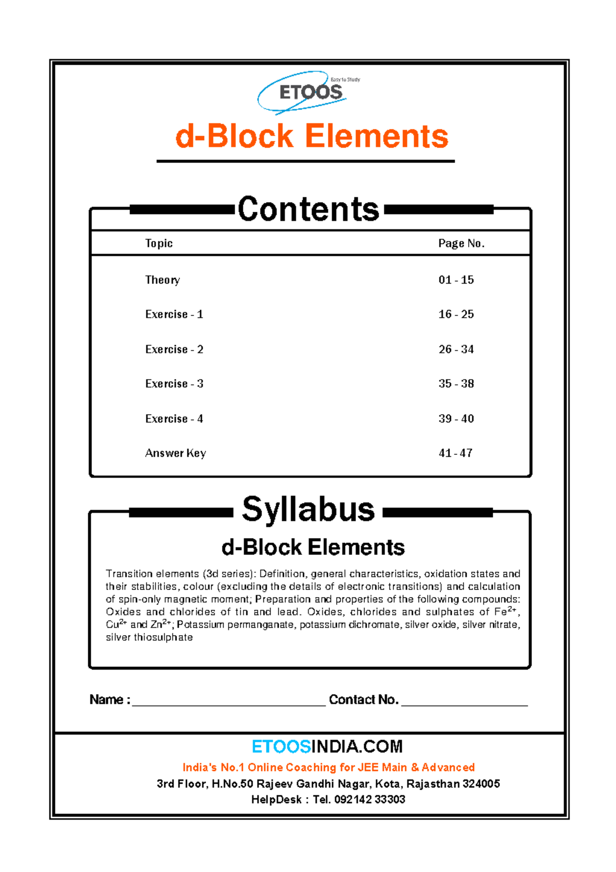 D Block Elements 48p - iwiw - Topic Page No. Theory 01 - 15 Exercise ...