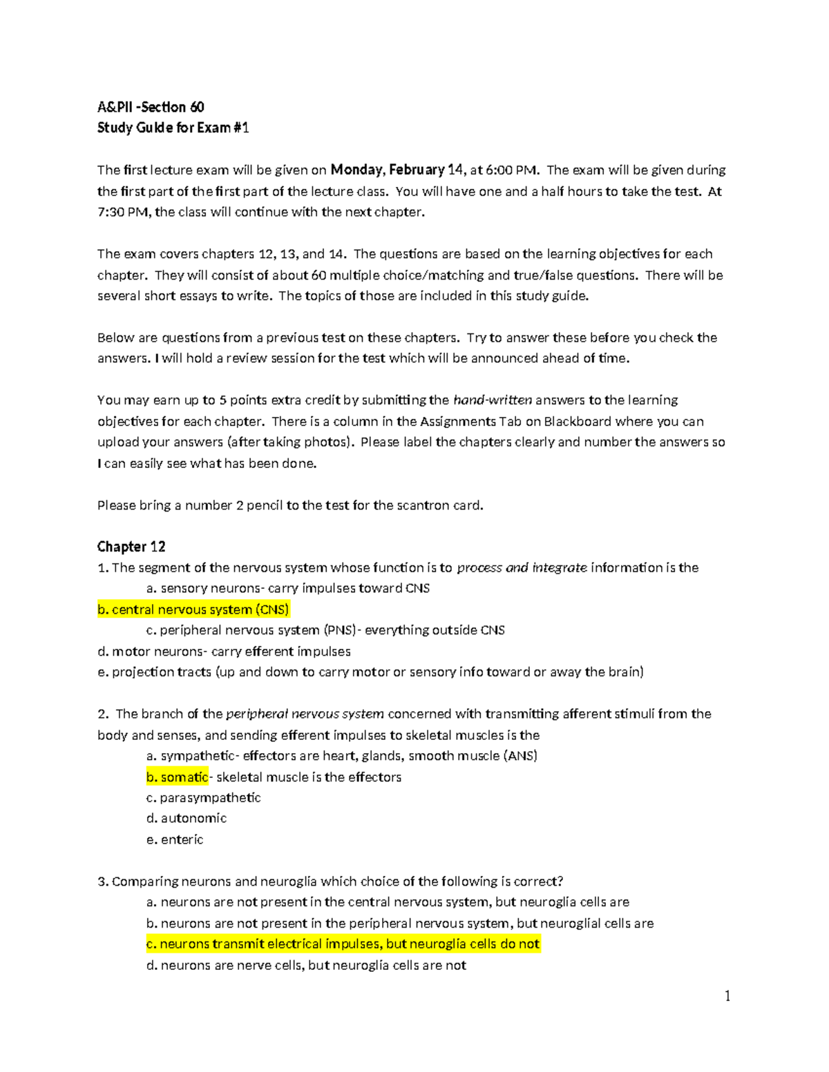 Study Guide #1-2022 - practice questions - A&PII -Section 60 Study ...
