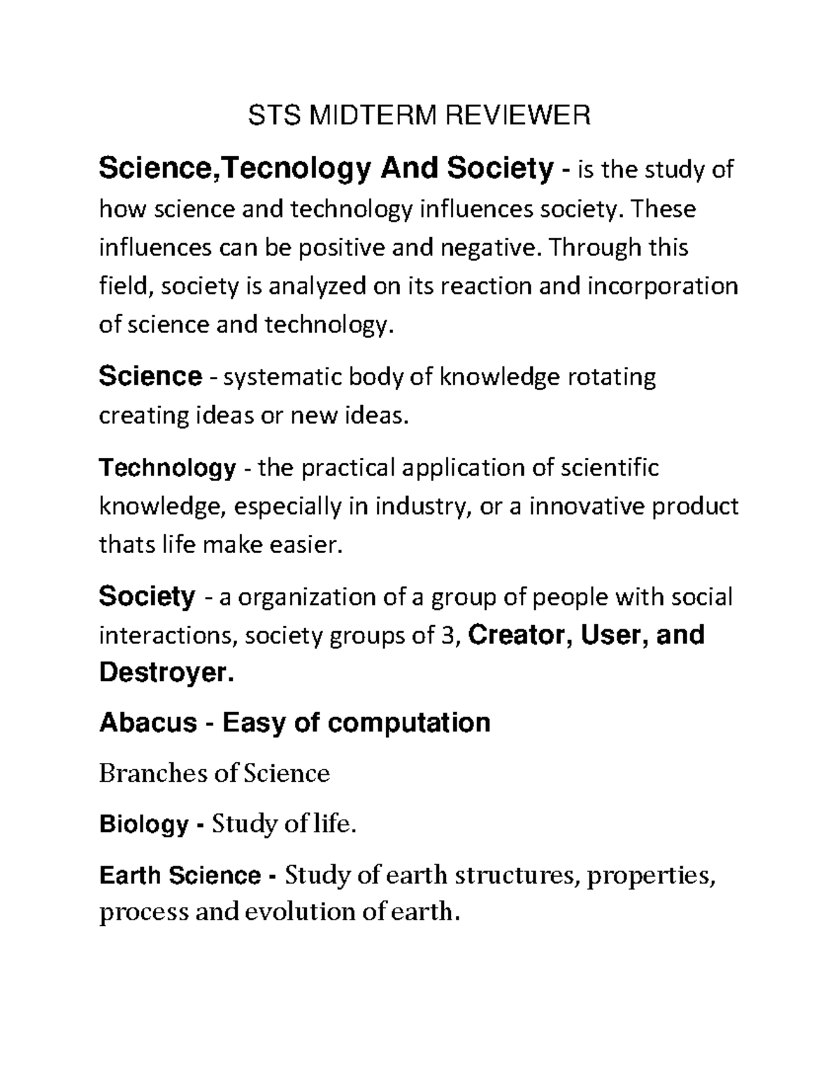 STS- Midterm- Reviewer - STS MIDTERM REVIEWER Science,Tecnology And Society - is the study of ...