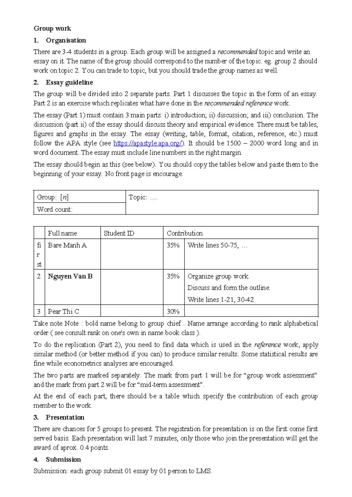 Group work (1) - ko có - Group work Organisation There are 3-4 students ...