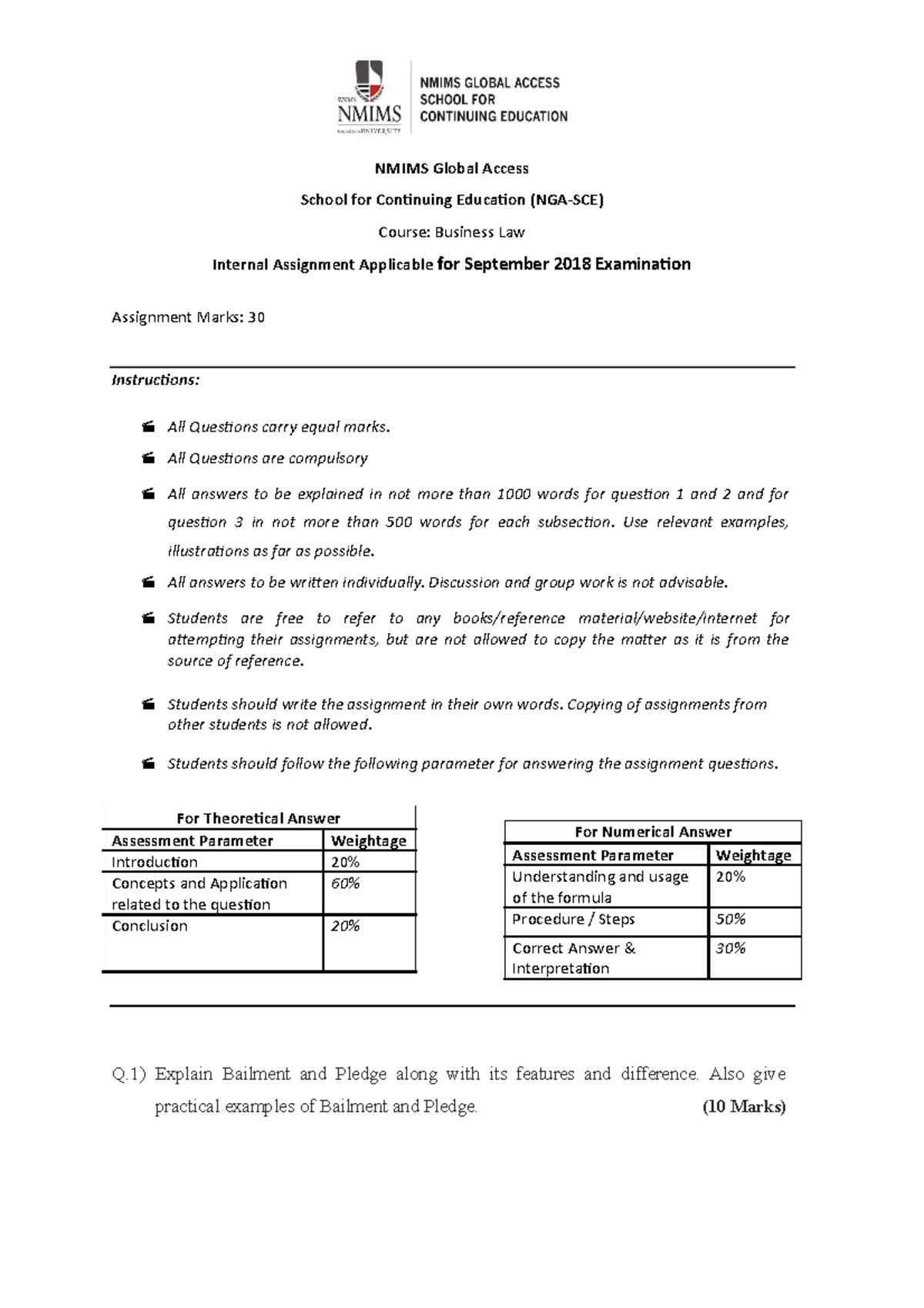 Business Law Assignment September 2018 Yvr LAdx Mg 5 NMIMS Global Business Law Assignment September 2018 Yvr LAdx Mg 5 NMIMS Global