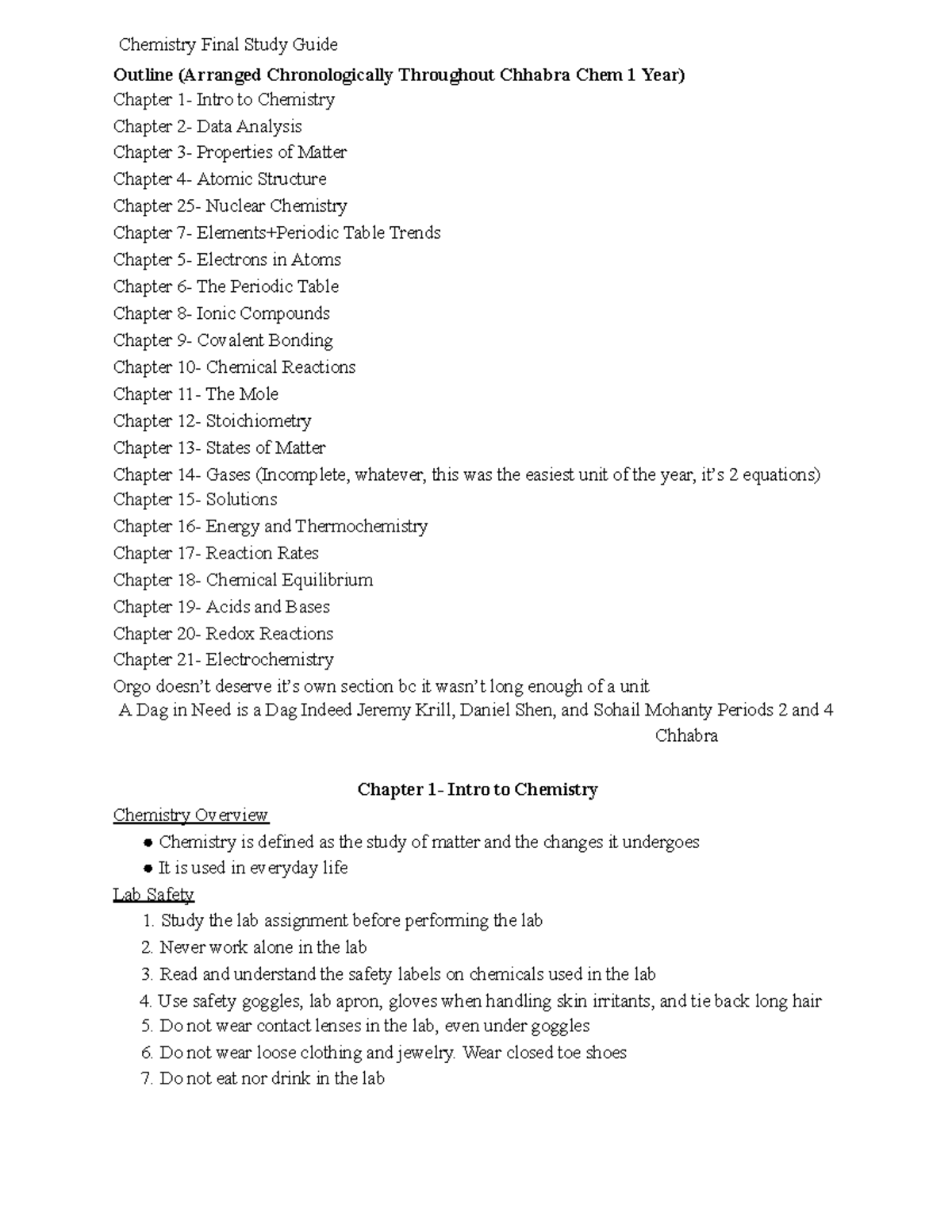 Chem 1 Final Study Guide 1 - Chemistry Final Study Guide Outline ...