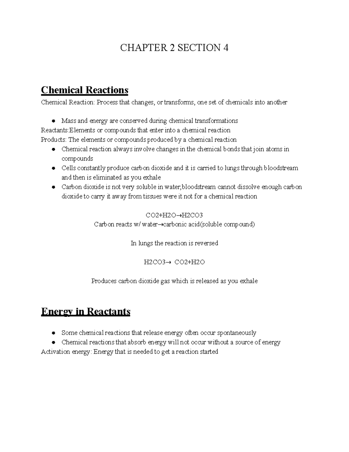 Chemistry unit guide 6 - CHAPTER 2 SECTION 4 Chemical Reactions ...