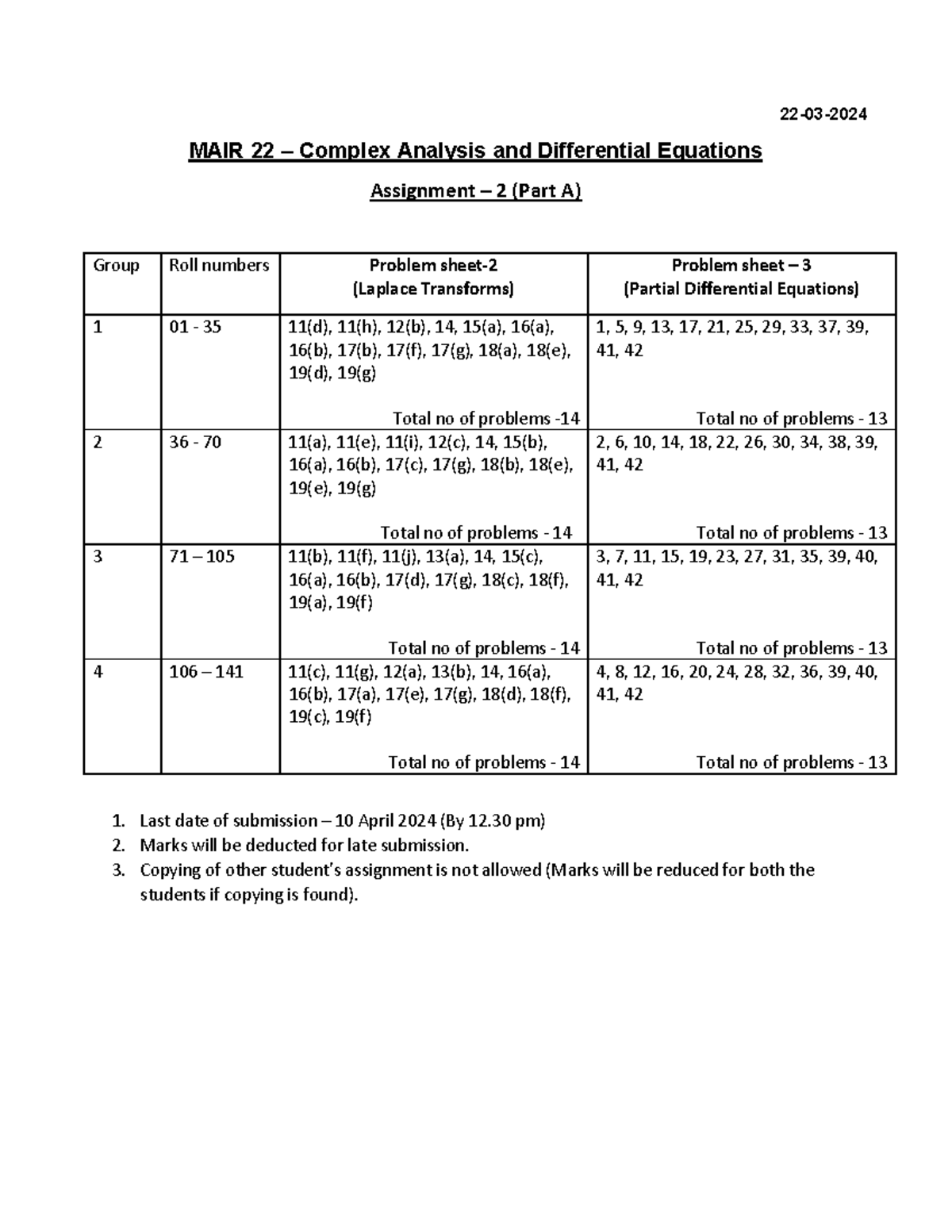 Assignment-2 (part A) - questions - 22-03- MAIR 22 – Complex Analysis and Differential Equations ...
