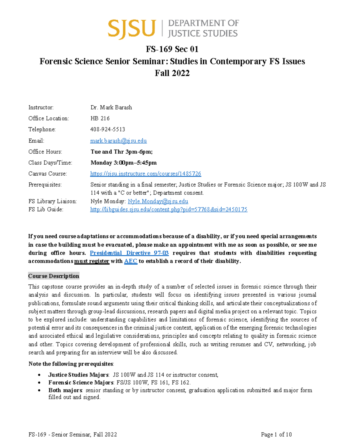 FS-169 syllabus Fall 2022 final - Forensic Science Senior Seminar: Studies in Contemporary FS ...