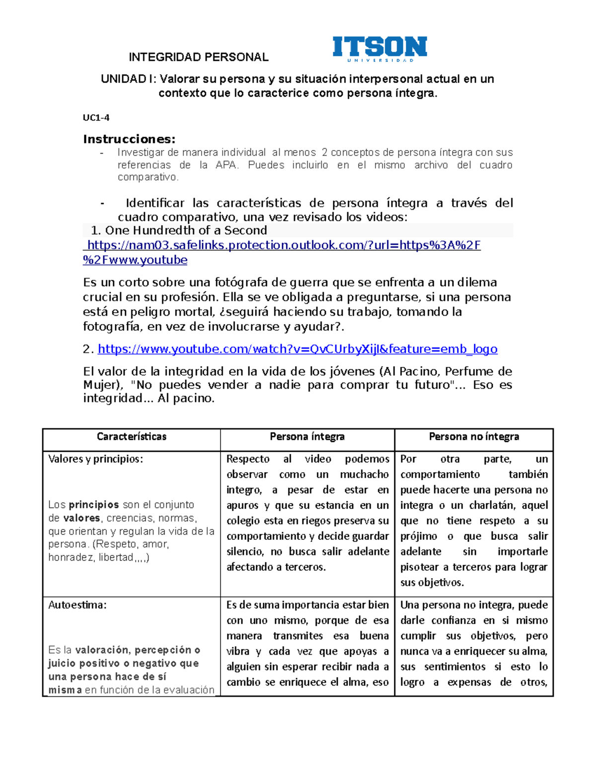 Persona íntegra - integridad - INTEGRIDAD PERSONAL UNIDAD I: Valorar su ...