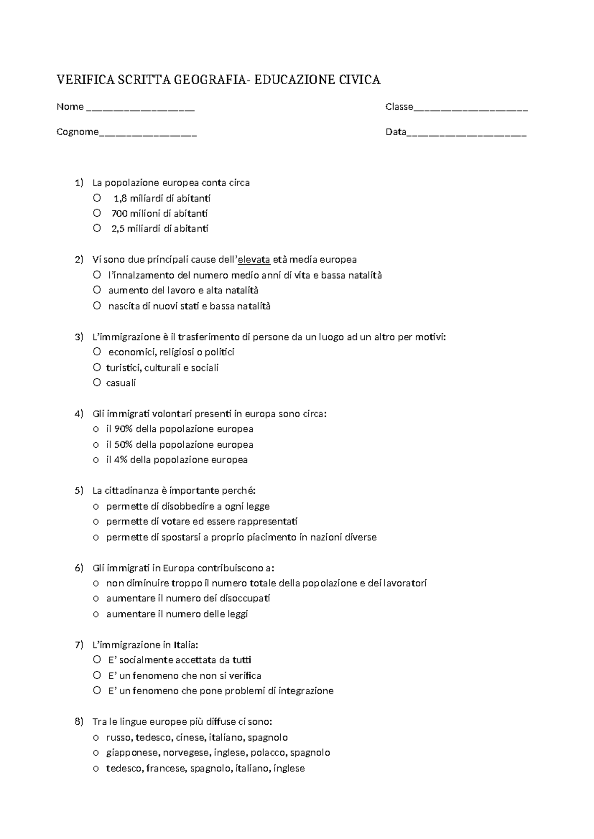 Verifica Scritta Geografia - VERIFICA SCRITTA GEOGRAFIA- EDUCAZIONE ...