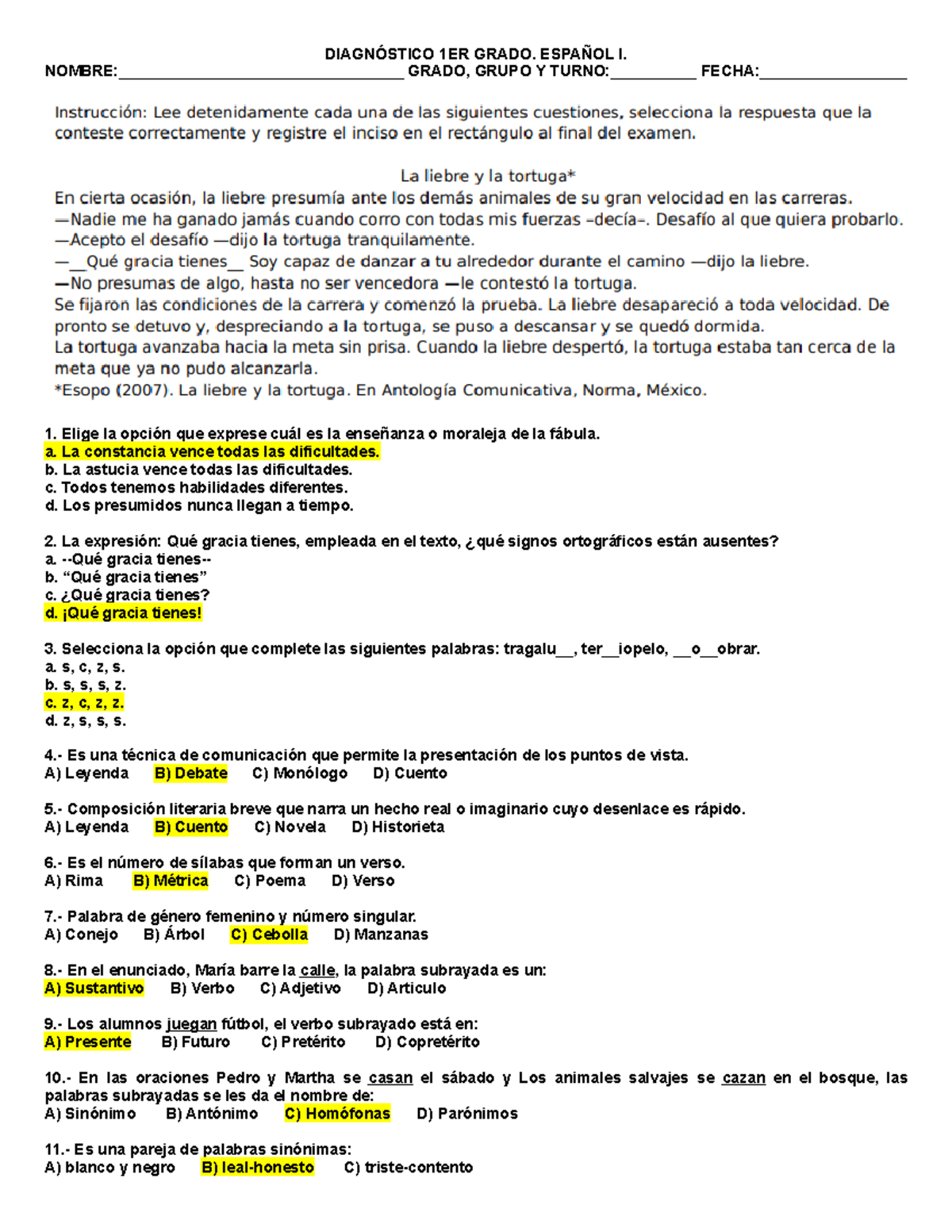Diagnóstico 1ER Grado 24 25 - DIAGNÓSTICO 1ER GRADO. ESPAÑOL I. - Studocu