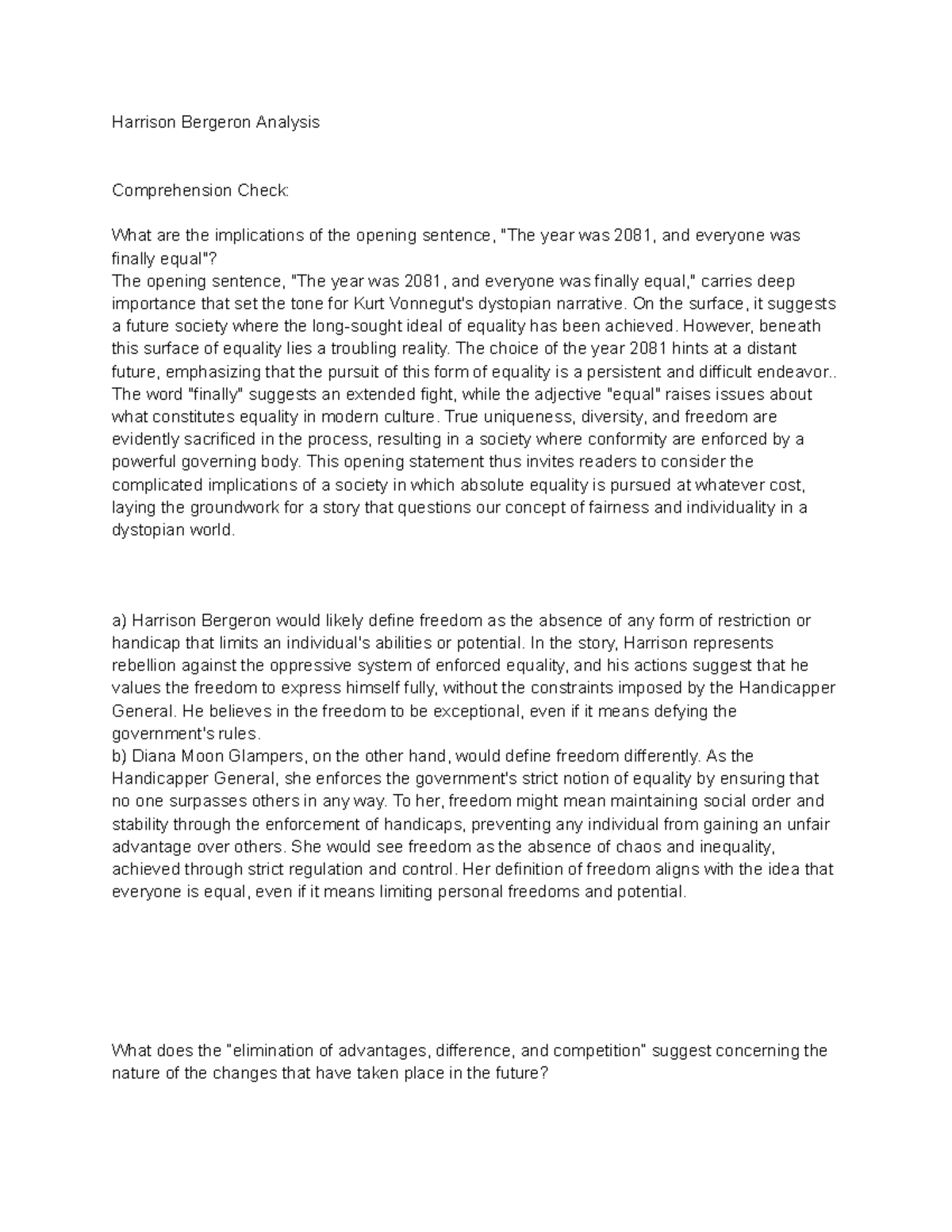 Harrison Bergeron Analysis - Harrison Bergeron Analysis Comprehension ...