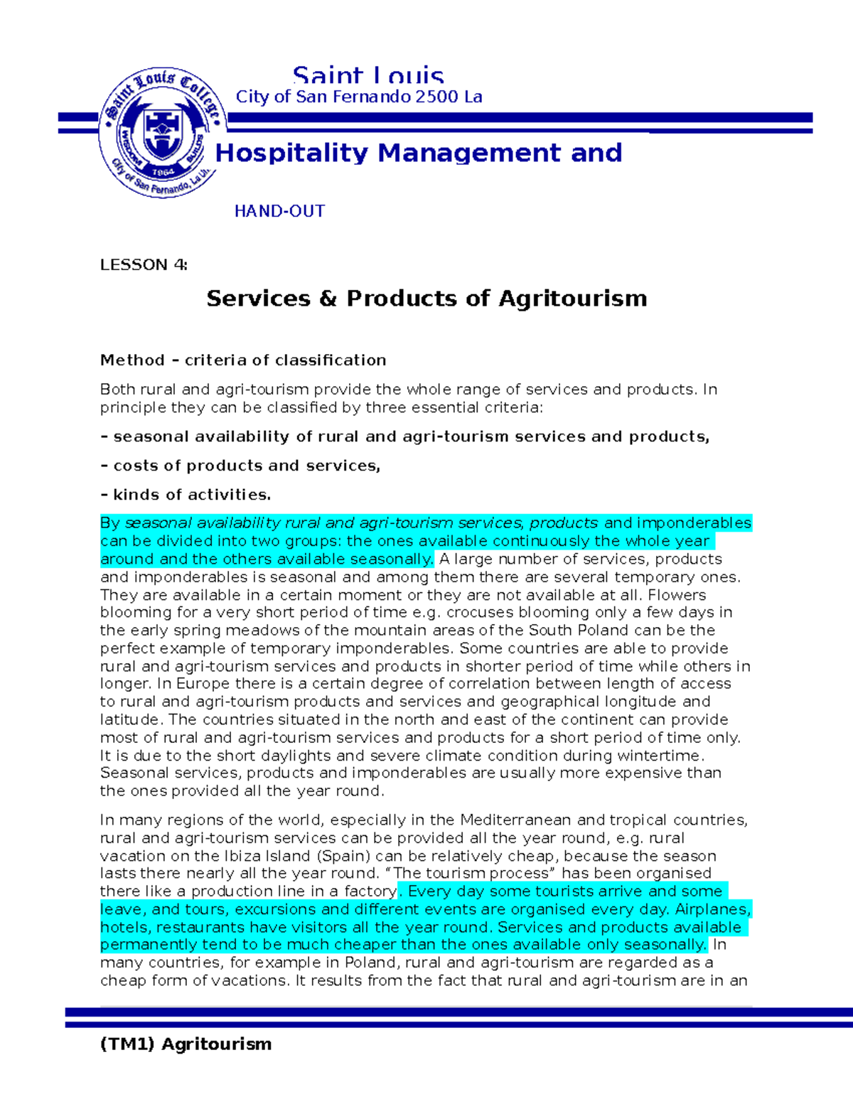 Lesson 4 Handout - 11 LESSON 4: Services & Products of Agritourism ...