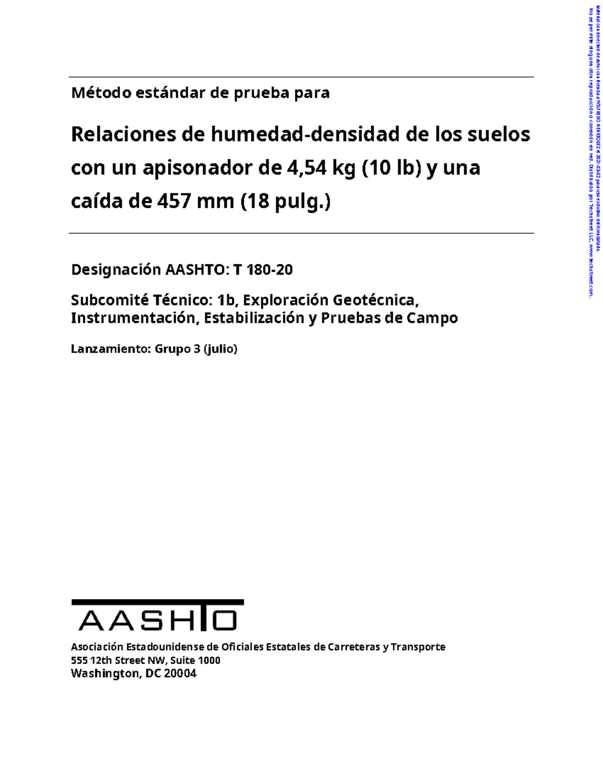 Aashto T-180-20 - ensayo - Método estándar de prueba para Relaciones de ...