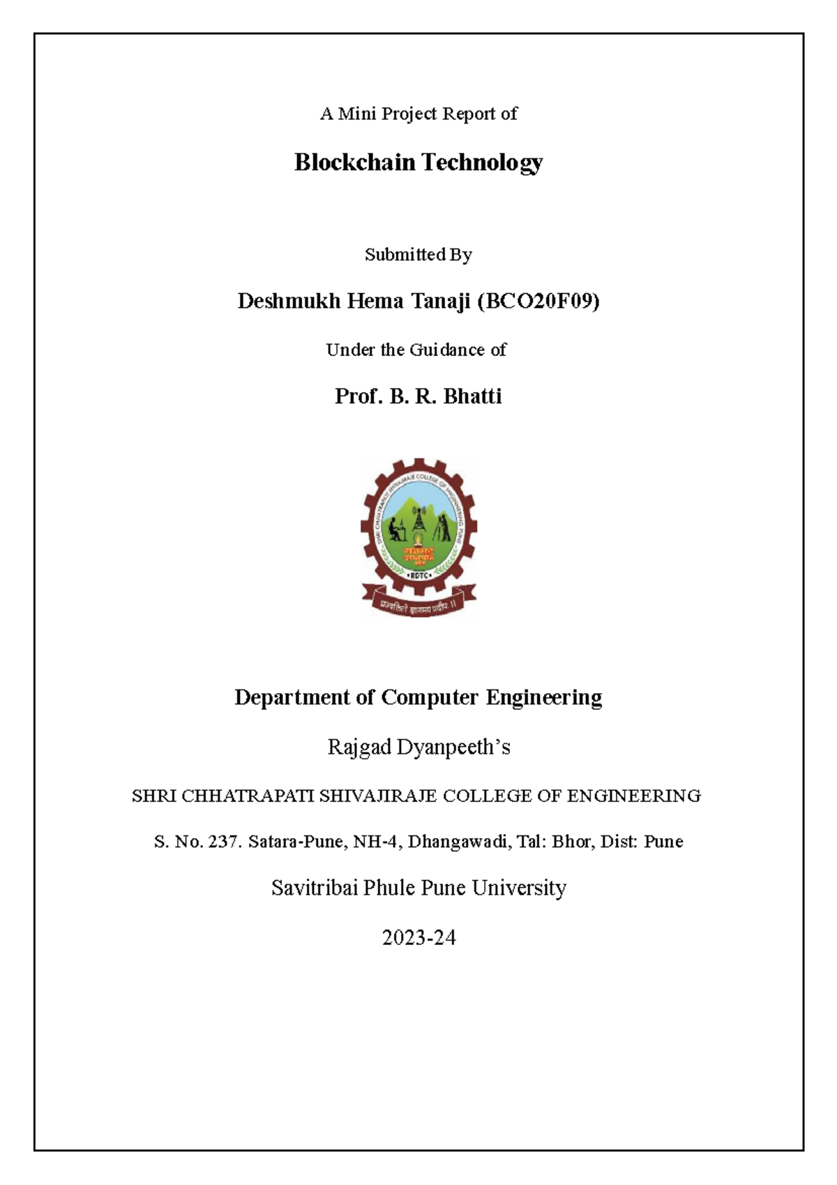 Blockchain report Mini Project - A Mini Project Report of Blockchain Technology Submitted By ...