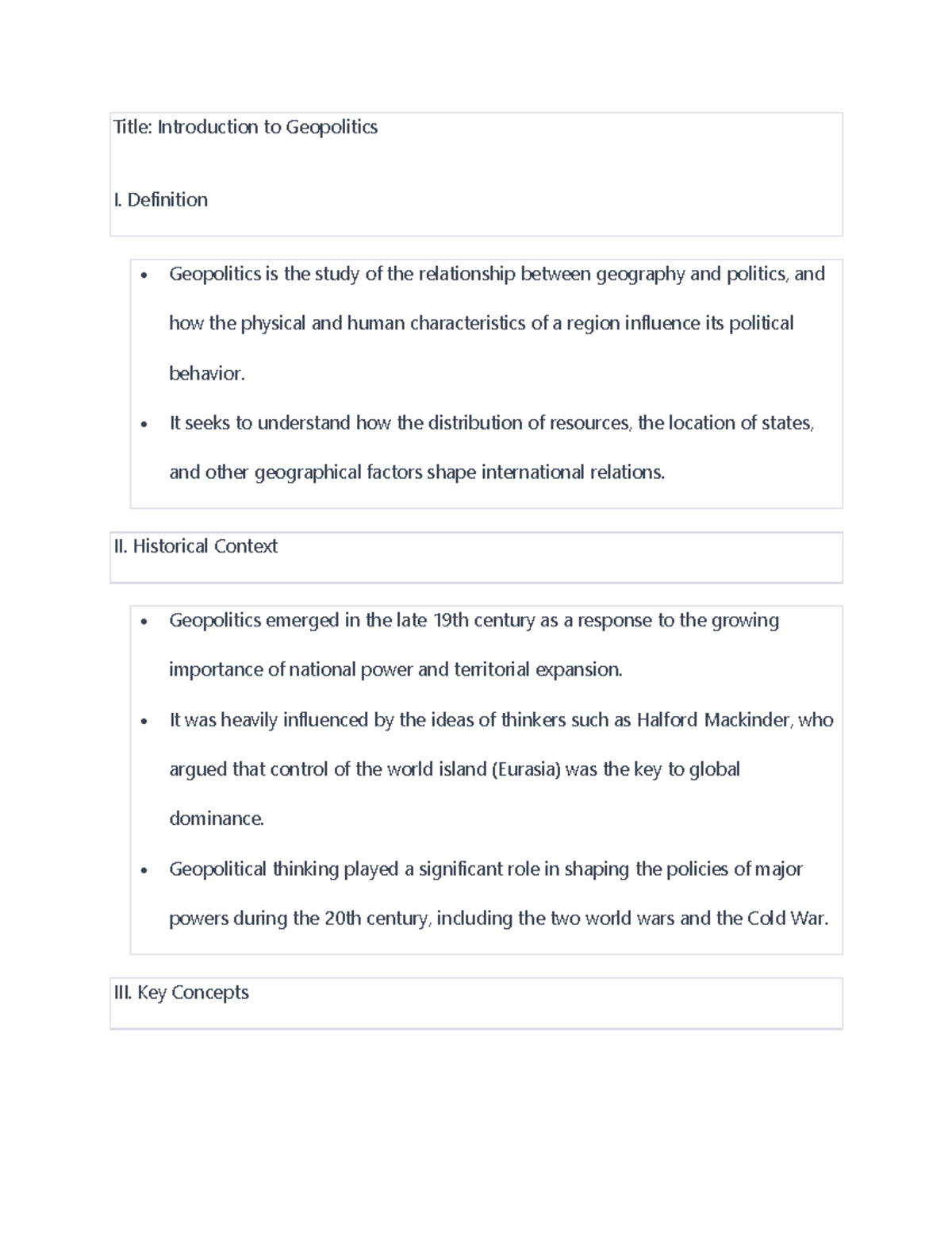 Geopolitics Notes - Title: Introduction to Geopolitics I. Definition ...