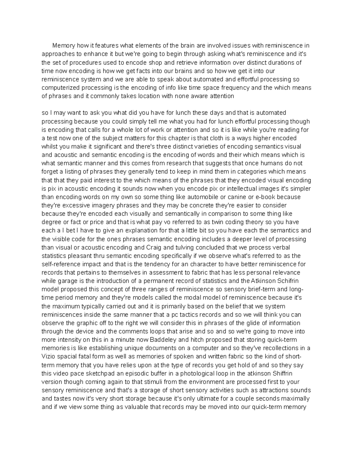 Psychology - Ch8 - Memory - Memory how it features what elements of the ...