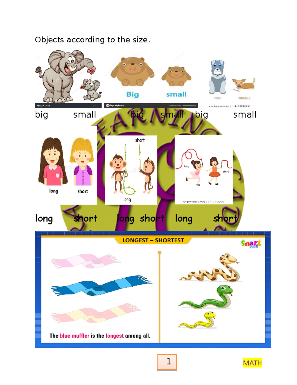 Colc kinder math - Objects according to the size. big small big small ...
