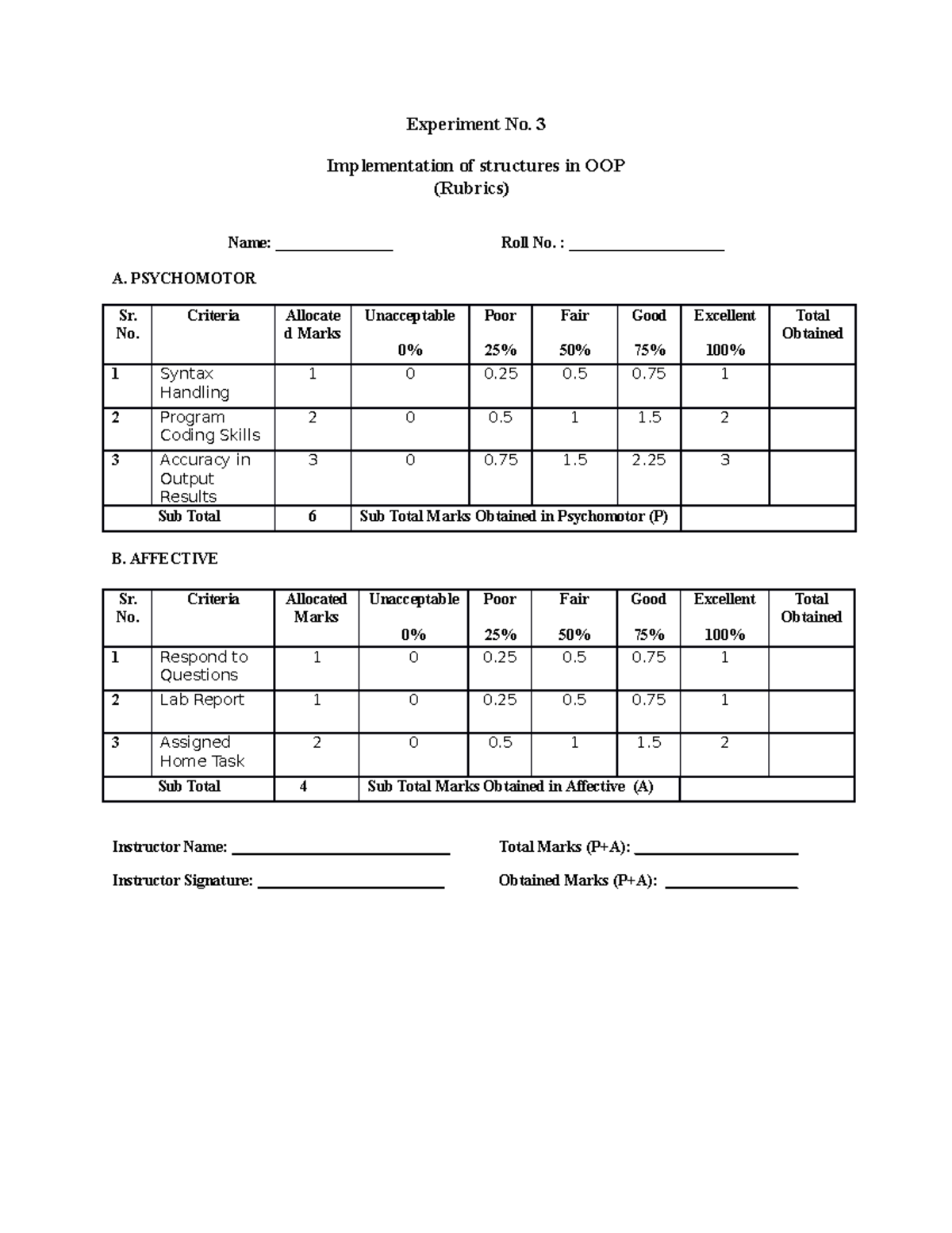 Lab3 - Lab Manual - Experiment No. 3 Implementation of structures in OOP (Rubrics) Name: - Studocu