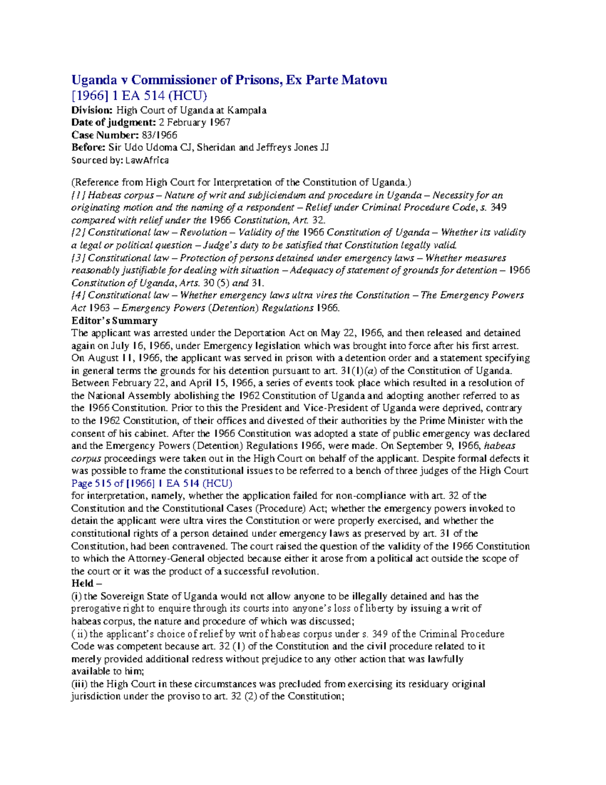 Exparte MIKE Matovu - case - Uganda v Commissioner of Prisons, Ex Parte ...