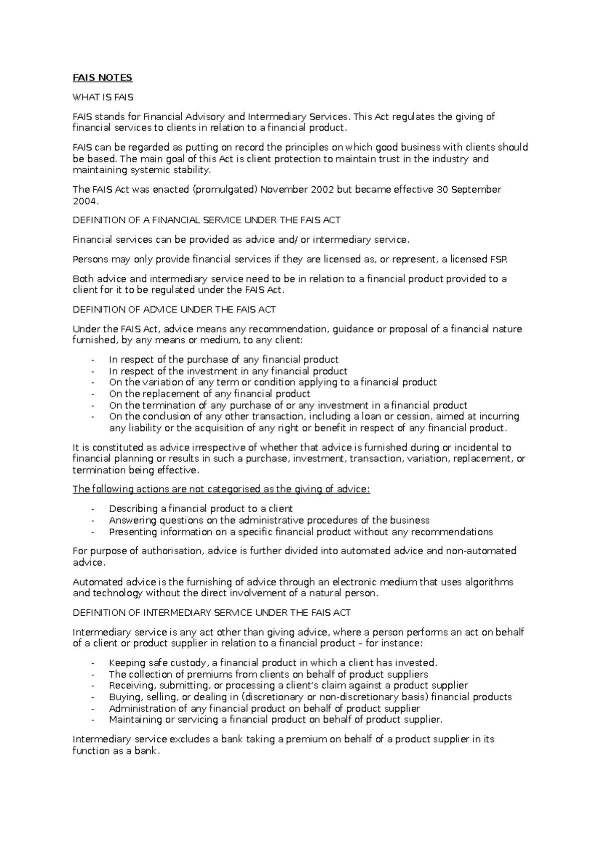 RE5 - Re5 sum. - FAIS NOTES WHAT IS FAIS FAIS stands for Financial ...