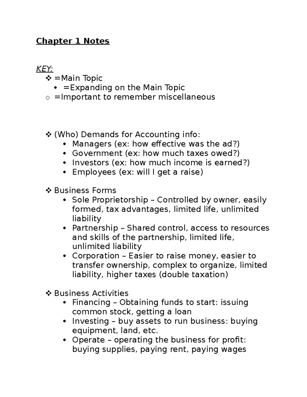Chapter 1 Notes - Financial Accounting course, The Professor was Jaclyn ...