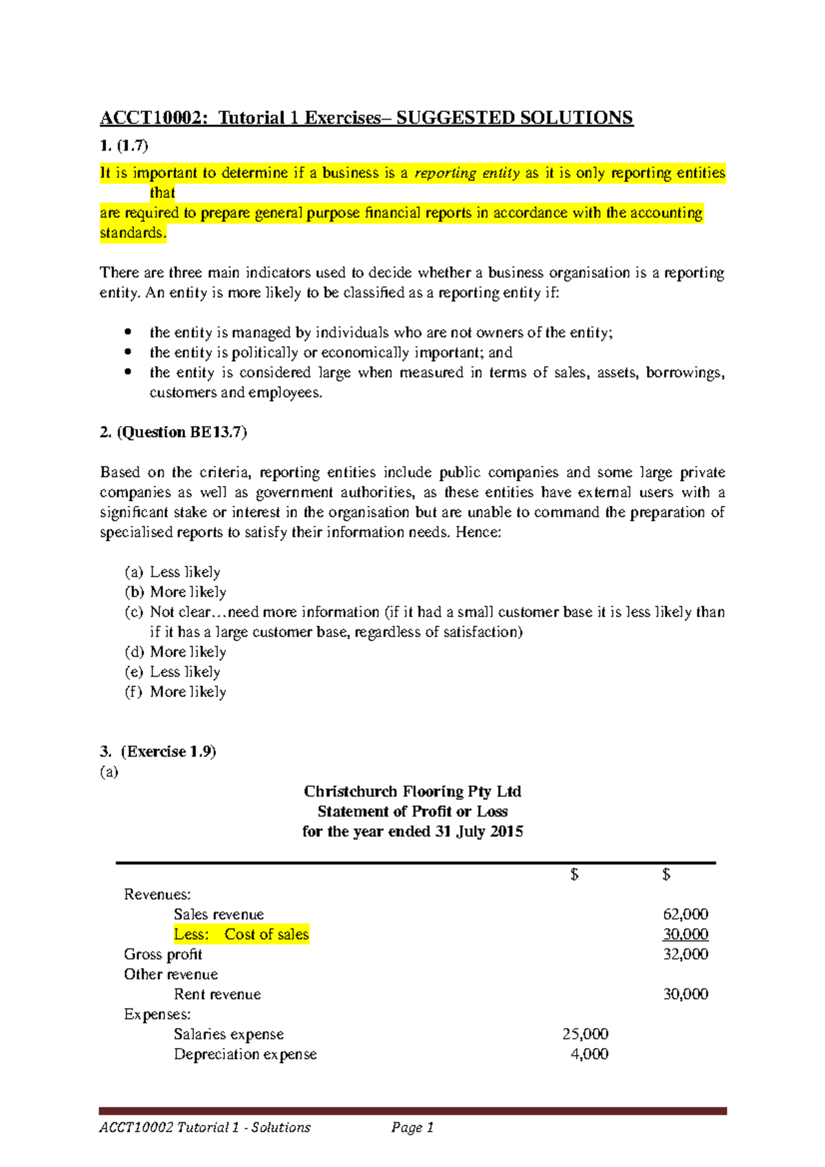 ACCT10002 Tutorial 1 Solutions Sem 2, 2019 - ACCT10002: Tutorial 1 Exercises– SUGGESTED ...