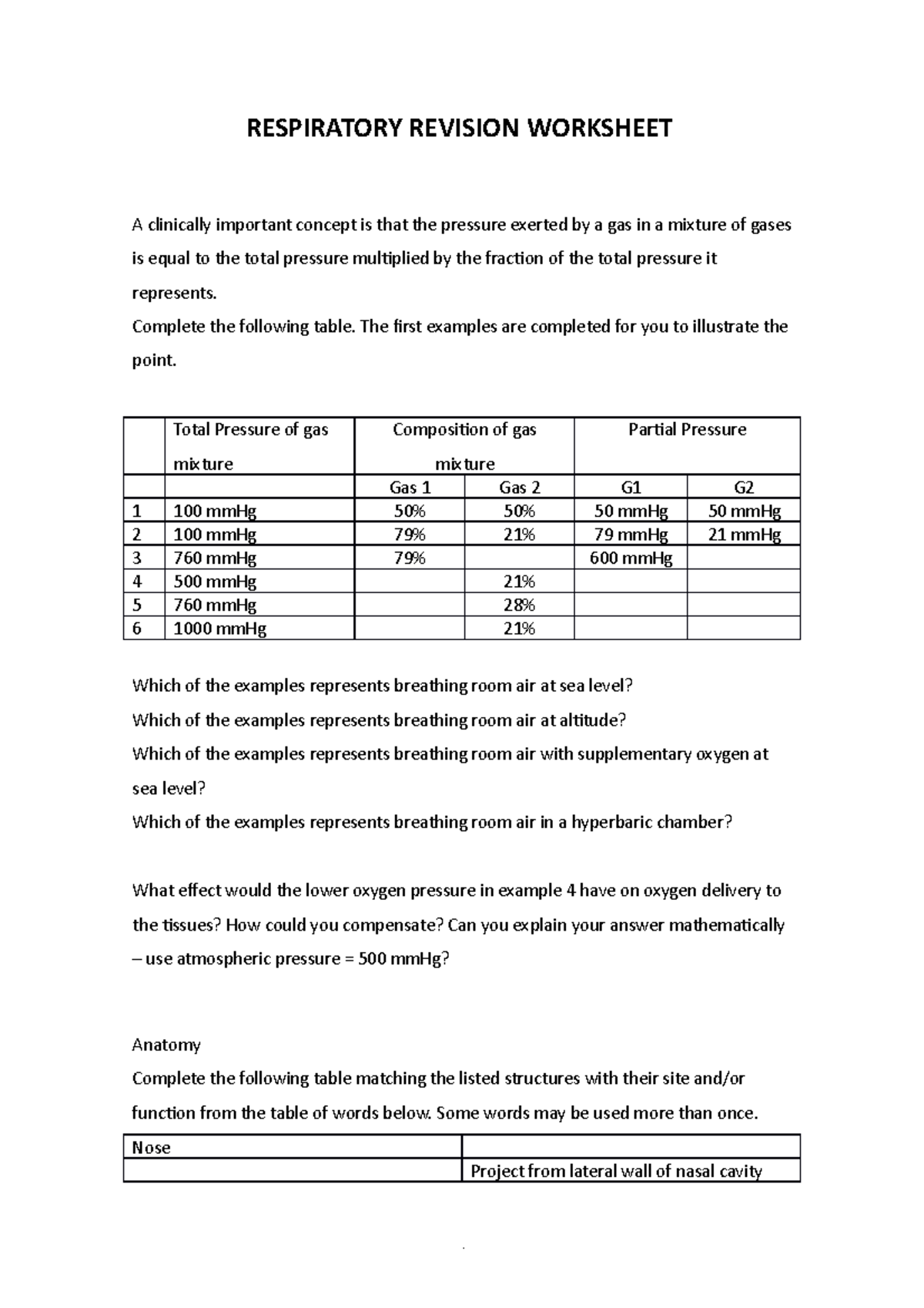 Respiratory revision worksheet- full fbefaeuieafbu - RESPIRATORY ...