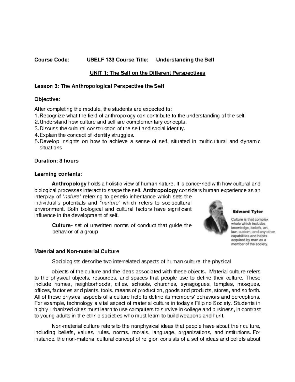 Lesson 3 - Anthropological Perspective of the Self - Course Code: USELF 133 Course Title: - Studocu