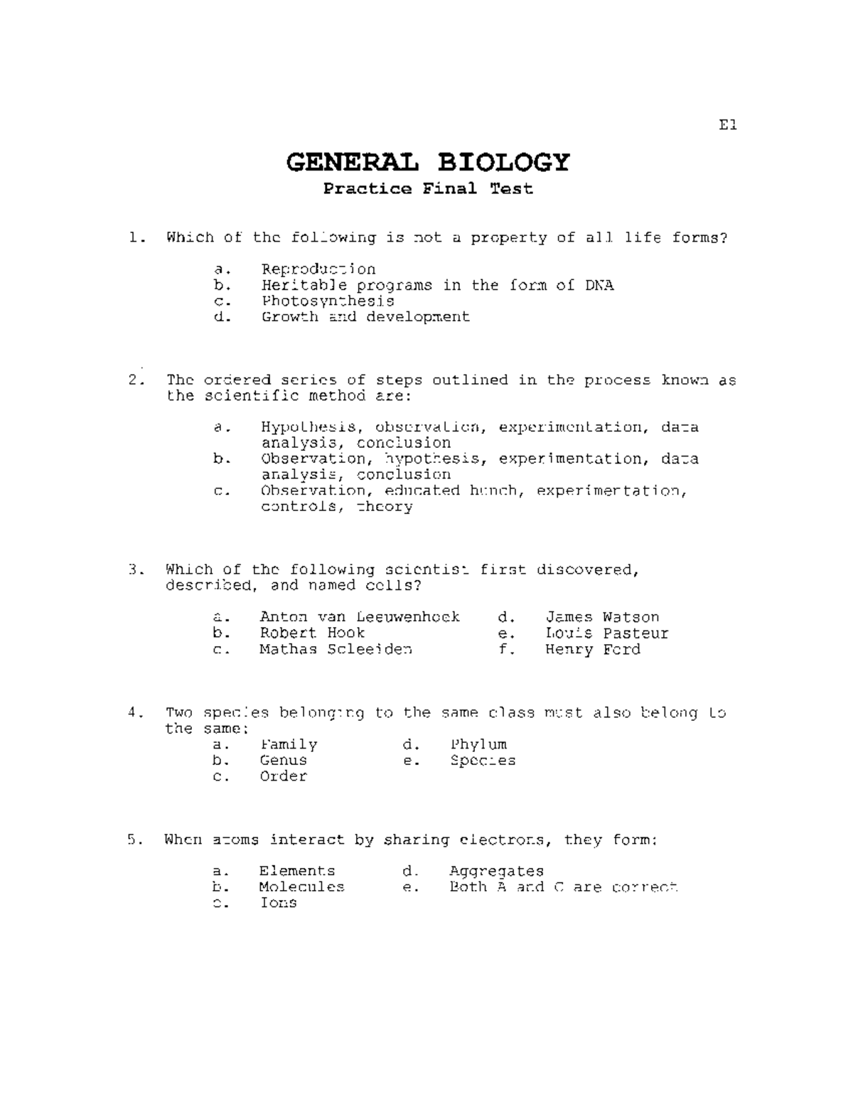 Final Bio test que - El GENERAL BIOLOGY Practice Final Test 1. Which of ...