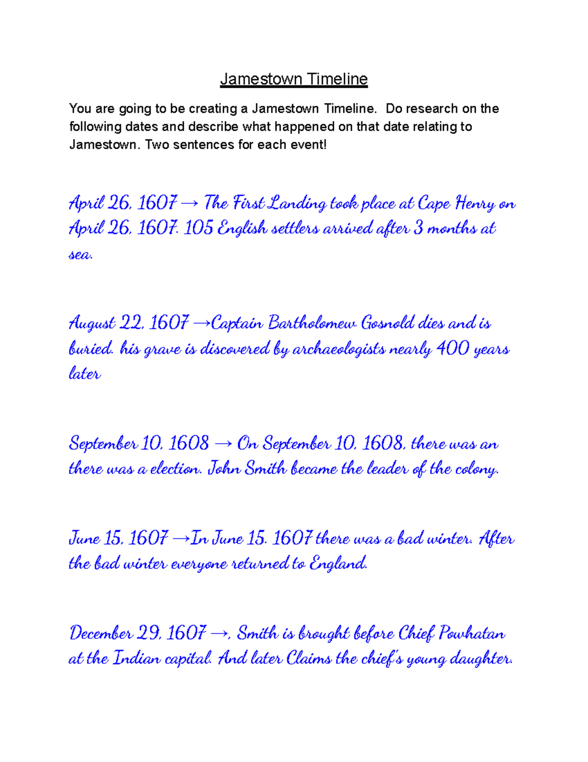 Jamestown Timeline - Do research on the following dates and describe ...