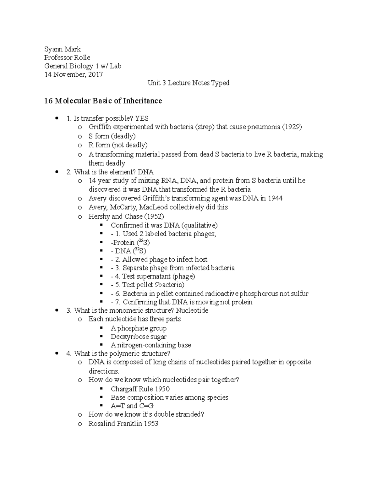 Unit 3 Lecture Notes Typed - Syann Mark Professor Rolle General Biology ...