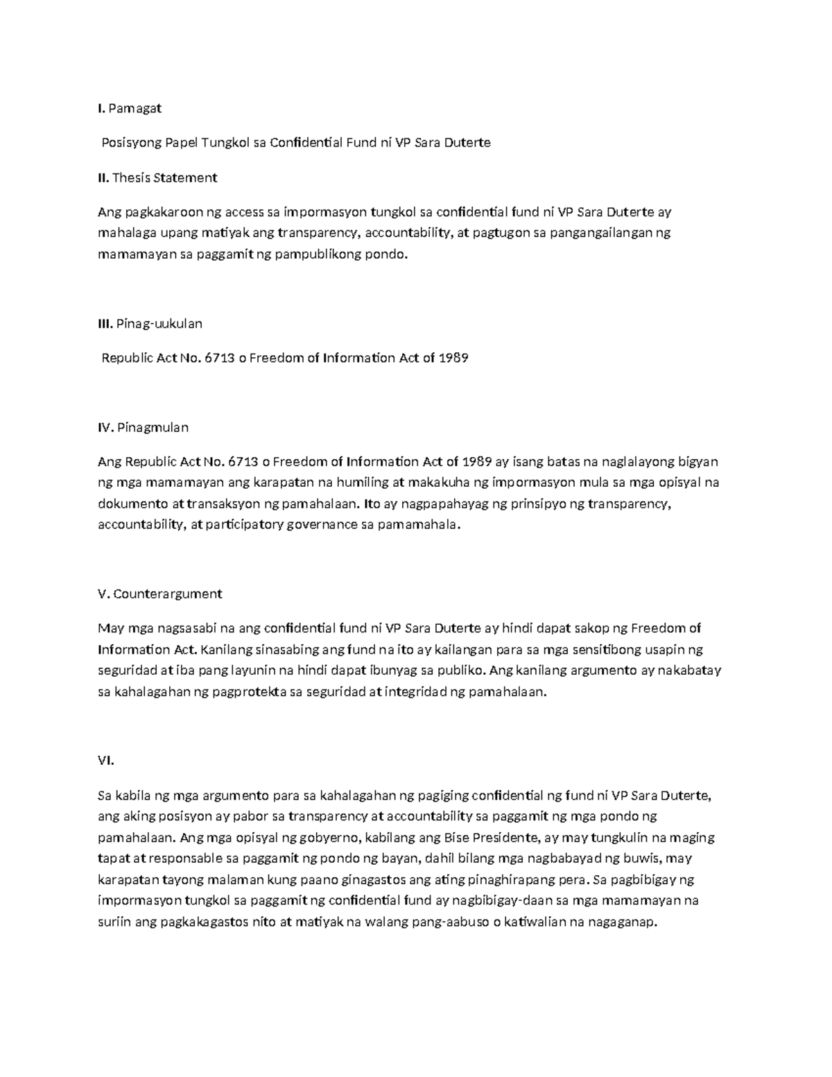 I. Pamagat-WPS Office - Bbbb - I. Pamagat Posisyong Papel Tungkol sa Confidential Fund ni VP ...