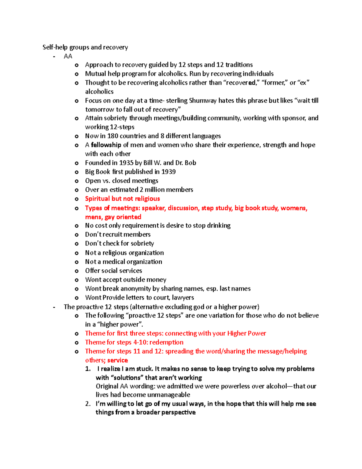 Chap 10&11 - Lecture notes 10-11 - Self-help groups and recovery - AA o ...