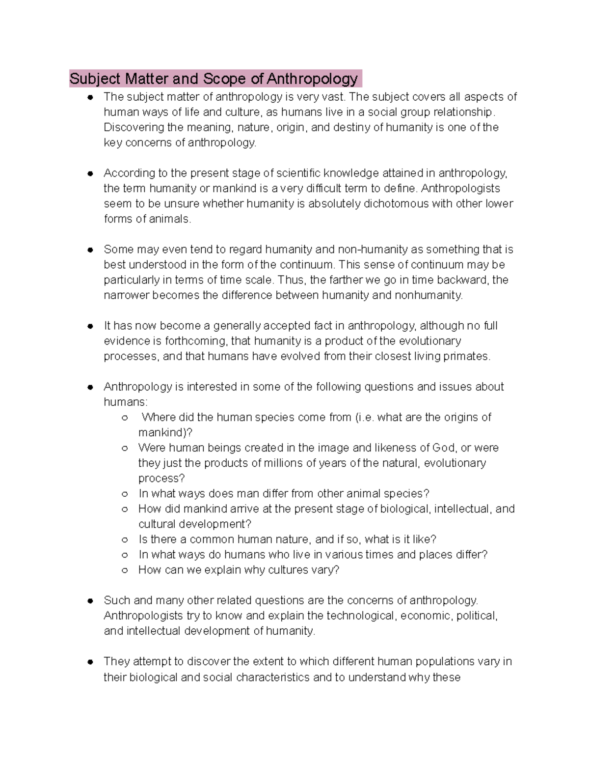 Anthropology - Notes - Part 2 - Subject Matter and Scope of ...