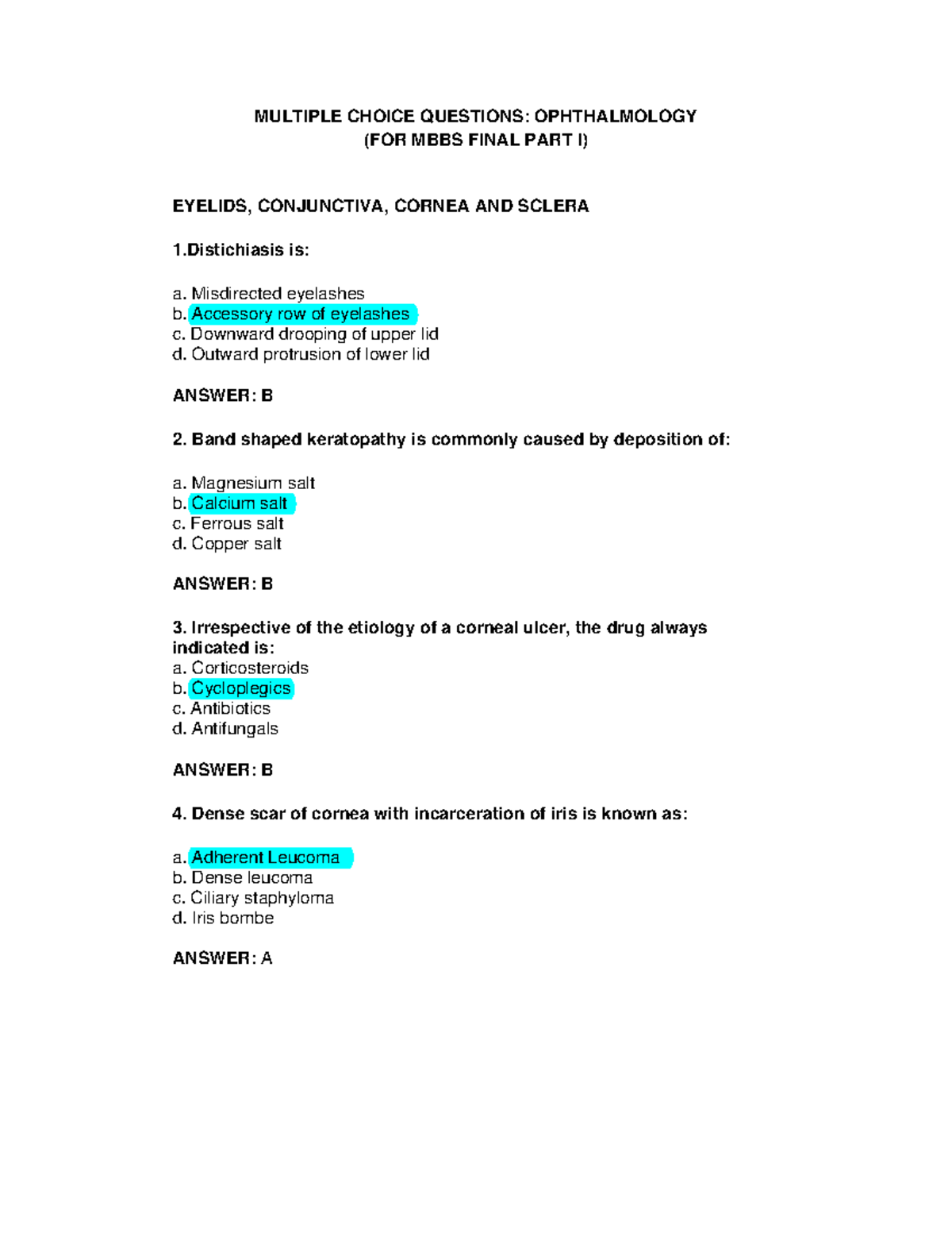 Multiple choice questions ophthalmology 1 - MULTIPLE CHOICE QUESTIONS ...